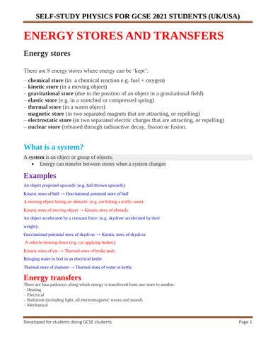 PHYSICS SELF-STUDY MATERIAL ON ENERGY STORES AND TRANSFERS | Teaching ...