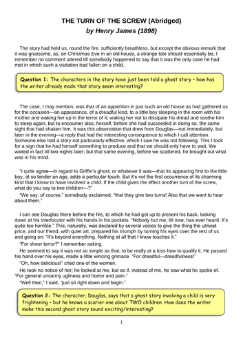 The Turn of the Screw by Henry James - abridged work pack | Teaching ...