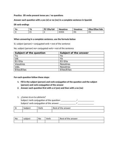 Er verbs present tense question answer practice | Teaching Resources