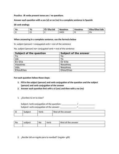 IR verbs present tense question answer practice | Teaching Resources