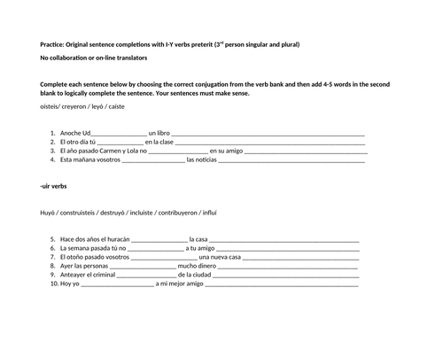 I-Y preterit verbs sentence completions | Teaching Resources