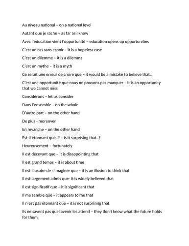 Revision Aid French GCSE HIGHER TIER essay phrases and oral examination ...