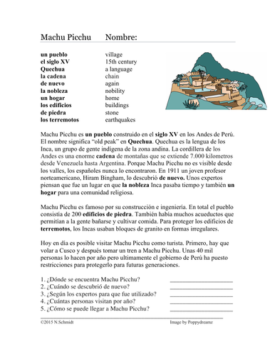 Machu Picchu Lectura y Cultura - Spanish Cultural Reading | Teaching ...