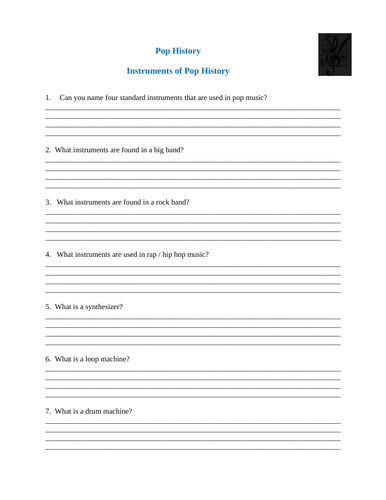 Musical instruments worksheet - Pop History | Teaching Resources