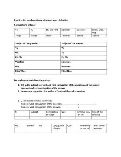 Tener que infinitive practice personal questions | Teaching Resources