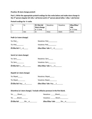 Preterit ir stem change conjugation and sentence practice | Teaching ...