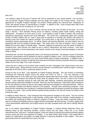 Successful KS2 teacher with English TLR job application - cover letter ...