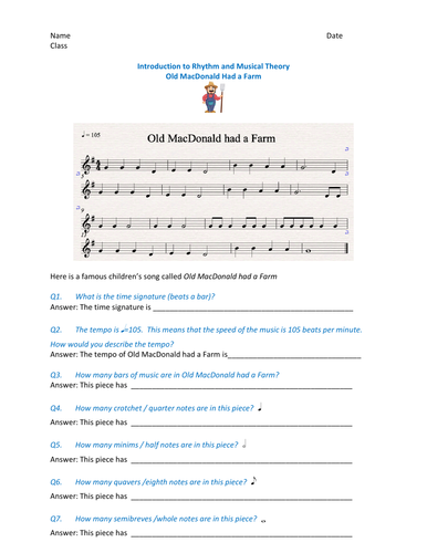 KS2 and KS3 Fun Music theory worksheet Old MacDonald | Teaching Resources