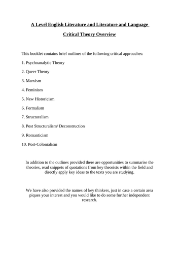 Critical Theory Booklet | Teaching Resources