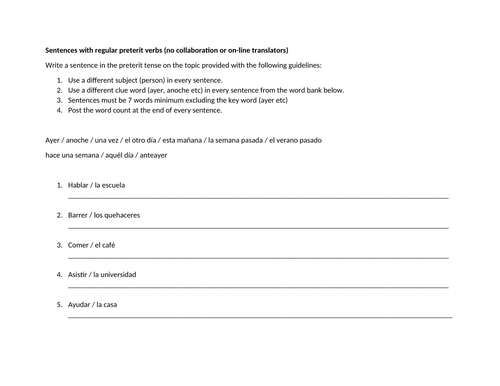 Sentences regular preterit verbs | Teaching Resources