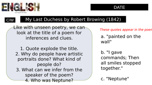 My Last Duchess plus knowledge organiser - AQA Poetry 2-3 lessons Power ...