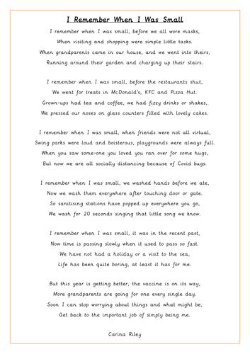 Covid Poem- I Remember When I Was Small | Teaching Resources