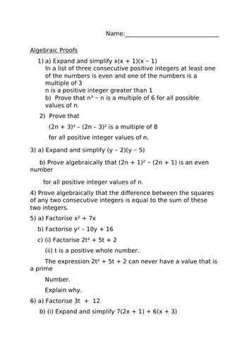 ALGEBRAIC PROOFS | Teaching Resources