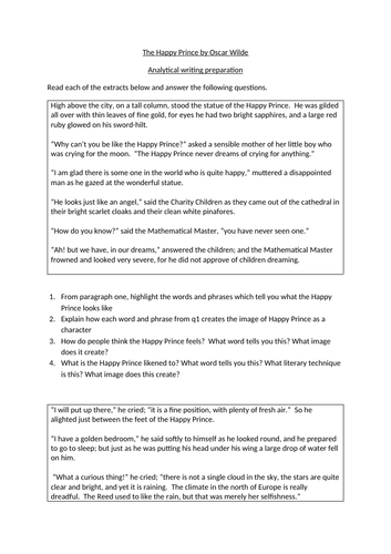 Analysis of Happy Prince - Oscar Wilde | Teaching Resources