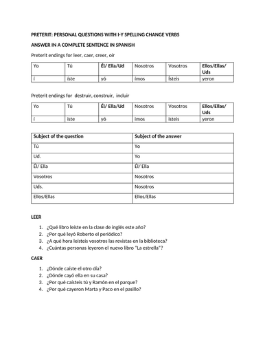 I-Y spelling change preterit questions | Teaching Resources