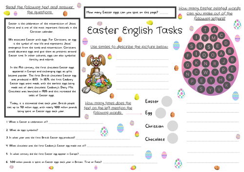 Easter Themed English Lesson Fun Task A3 Sheet: Reading Comprehension ...
