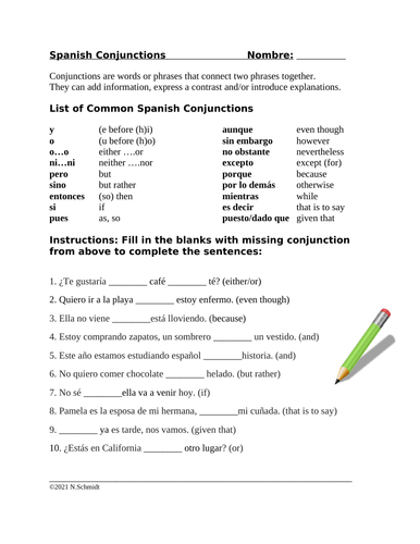 Spanish Conjunctions / Linking Words Worksheet (Conjunciones ...