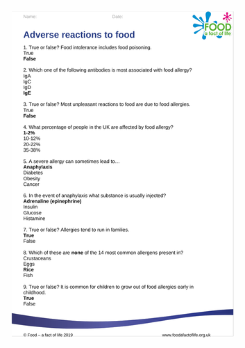Health Issues - Adverse reactions to food | Teaching Resources