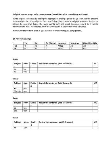 Go verbs original sentences | Teaching Resources