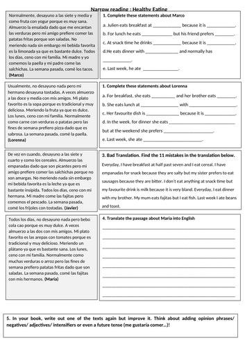 KS3 Spanish Narrow Reading: La comida | Teaching Resources
