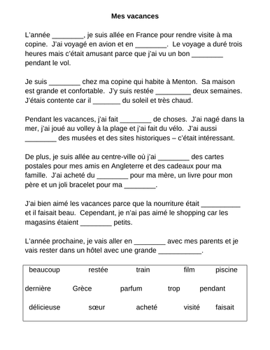 Mes vacances - Holidays gap-fill text | Teaching Resources