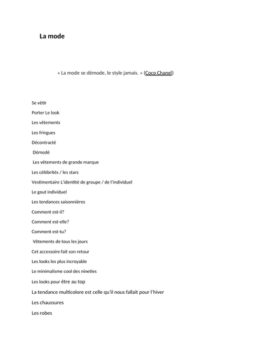 IB AS/A LEVEL FRENCH LA MODE vocabulary, sentences, phrases, revision ...