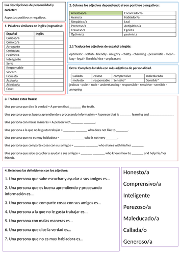 Spanish - Character description (worksheet) | Teaching Resources