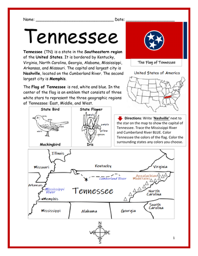 TENNESSEE - Introductory Geography Worksheet | Teaching Resources