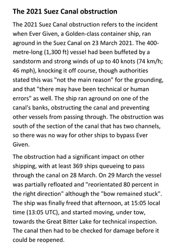 The 2021 Suez Canal obstruction Handout | Teaching Resources The 2021 Suez Canal obstruction Handout | Teaching Resources
