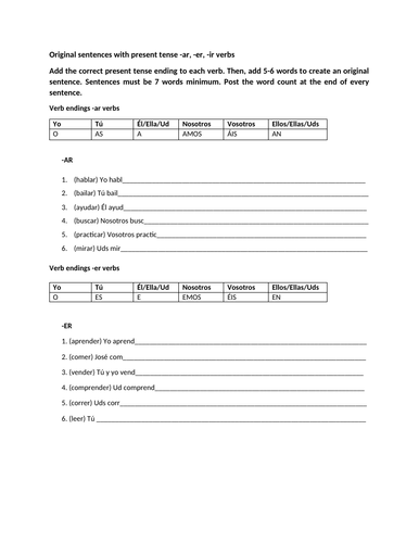 Present tense original sentence writing practice | Teaching Resources