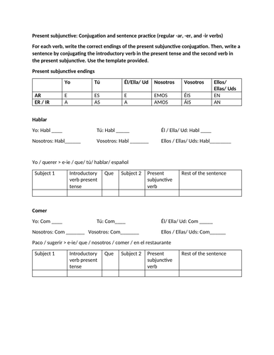 Worksheet present subjunctive introduction | Teaching Resources