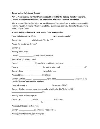 Reading la tienda de ropa | Teaching Resources