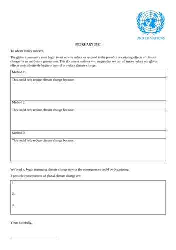 Mitigation of Climate Change: Letter to the UN | Teaching Resources