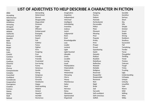List of adjectives to describe a character | Teaching Resources