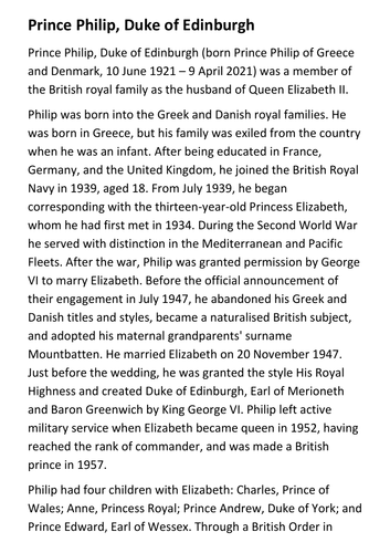 Prince Philip, Duke of Edinburgh Handout | Teaching Resources