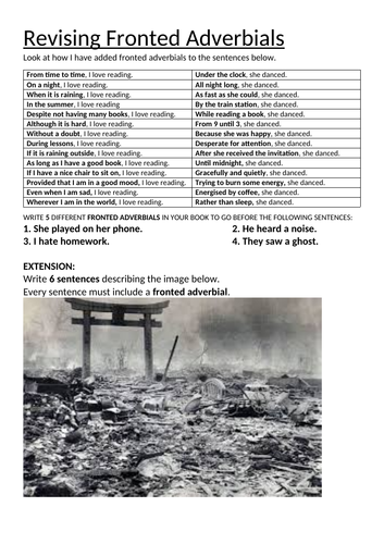 fronted adverbials cover lesson worksheet | Teaching Resources