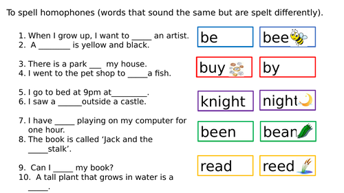 Homophones - SEN or ESL Complete the sentences with pictures ...
