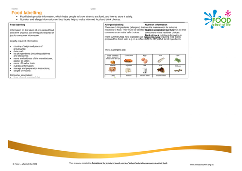 Food labelling Knowledge Organiser 11-14 years | Teaching Resources