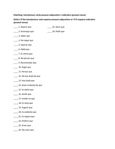 Indicative v subjunctive introductory verbs matching practice ...