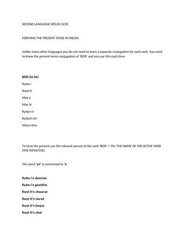 second language welsh GCSE lesson plan revision sheet THE PRESENT TENSE ...