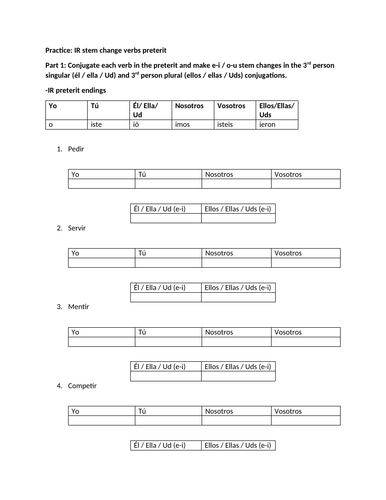 Ir stem change present tense worksheet | Teaching Resources
