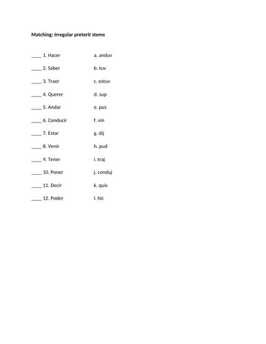 Preterit irregular verbs matching practice | Teaching Resources