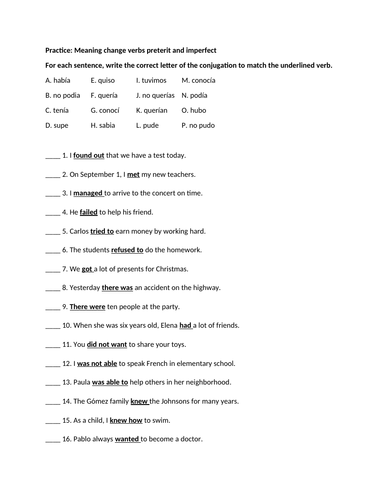 Preterit imperfect meaning change verbs practice | Teaching Resources