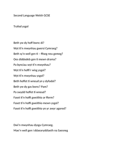 TGAU CYMRAEG AIL IAITH TRAFOD YSGOL PYNCIAU second language Welsh ...