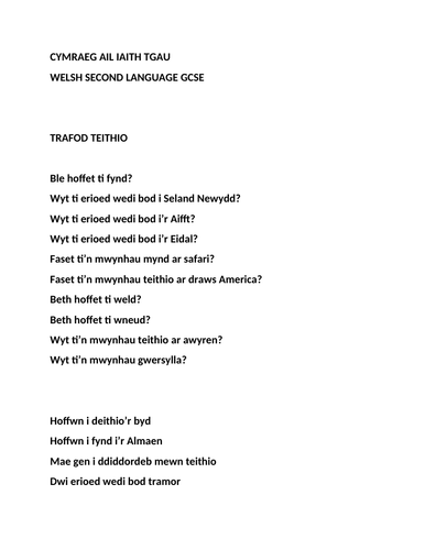 Second Language Welsh revision sheet GCSE TEITHIO ymarfer trafod ...