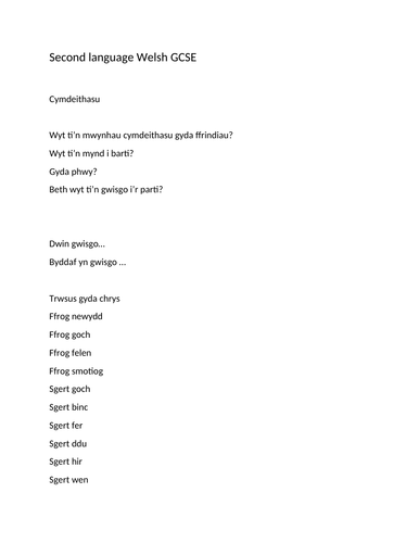 second language welsh GCSE revision sheet CYMDEITHASU | Teaching Resources