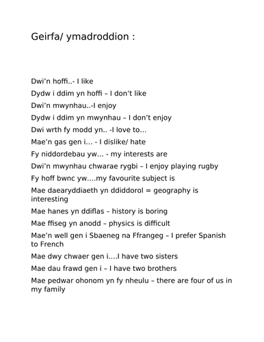 second language Welsh revision sheet GCSE oral exam vocabulary and ...