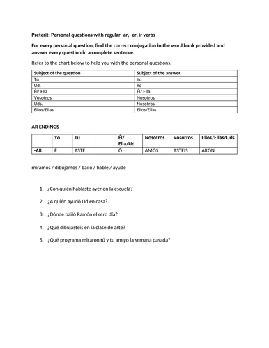 Preterit ar er ir verbs questions | Teaching Resources