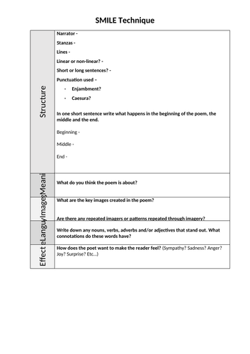 English Literature Unseen Poetry SMILE Technique Planning Sheet / Grid ...