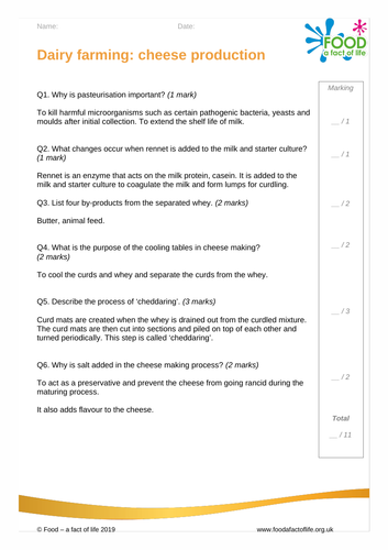 Cheese production marks sheet | Teaching Resources